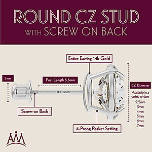 14k White Gold Solitaire Cubic Zirconia Stud Earrings with Secure Screw-backs (4mm)