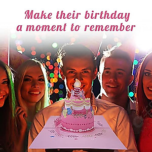 Blowable Candle 3D Birthday Pop Up Card, Musical Birthday Cards with Light, Music and Flower, Pink Cake Card, Blow Out LED Light Candle and Play Happy Birthday Song Greeting Card for Women Wife, Girlfriend, Mom