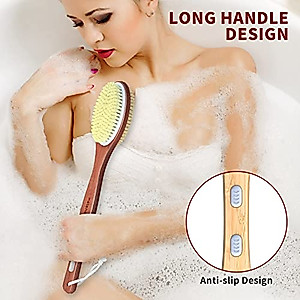 Metene Shower Brush with Upgrade 17-inch Rosewood Handle, Double-Sided Body Brush with Stiff and Soft Natural Bristles for Wet or Dry Brushing, Back Scrubber for Gentle Exfoliating and Clean Easily