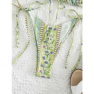 WDIRARA Women's Floral Print Tie Side Swimwear Straps Bikini Sets Swimsuits Green S