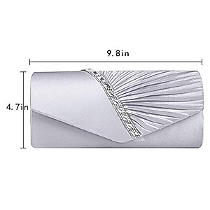Goclothod Evening Clutch Handbag Women Fashion Pleated Crystal-Studded Crossbody Shoulder Bag Chain Clutch Purse (Silver)