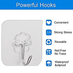 Small Adhesive Hooks Waterproof Heavy Duty Sticky Hooks 13.2lb(Max), Transparent Reusable Seamless Plastic Wall Hooks, Kitchen Bathroom Oilproof Ceiling Nail Free Improvement Sticky Hook 12 Pack