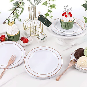 WELLIFE 240 Pieces Rose Gold Plastic Dessert Plates with Disposable Forks, Includes 120 Pcs Appetizers Plates 6.5 inch, 120 Pcs Rose Gold Forks, Perfect for Parties and Weddings