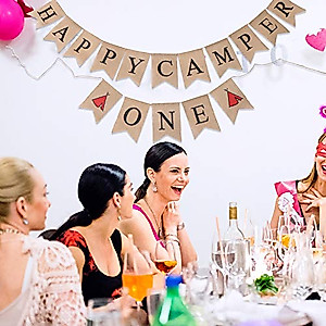 Amosfun One Happy Camper Burlap Banner Camping Party Decoration Happy Camper Birthday Decorations Retirement Birthday Camper Yard Decoration