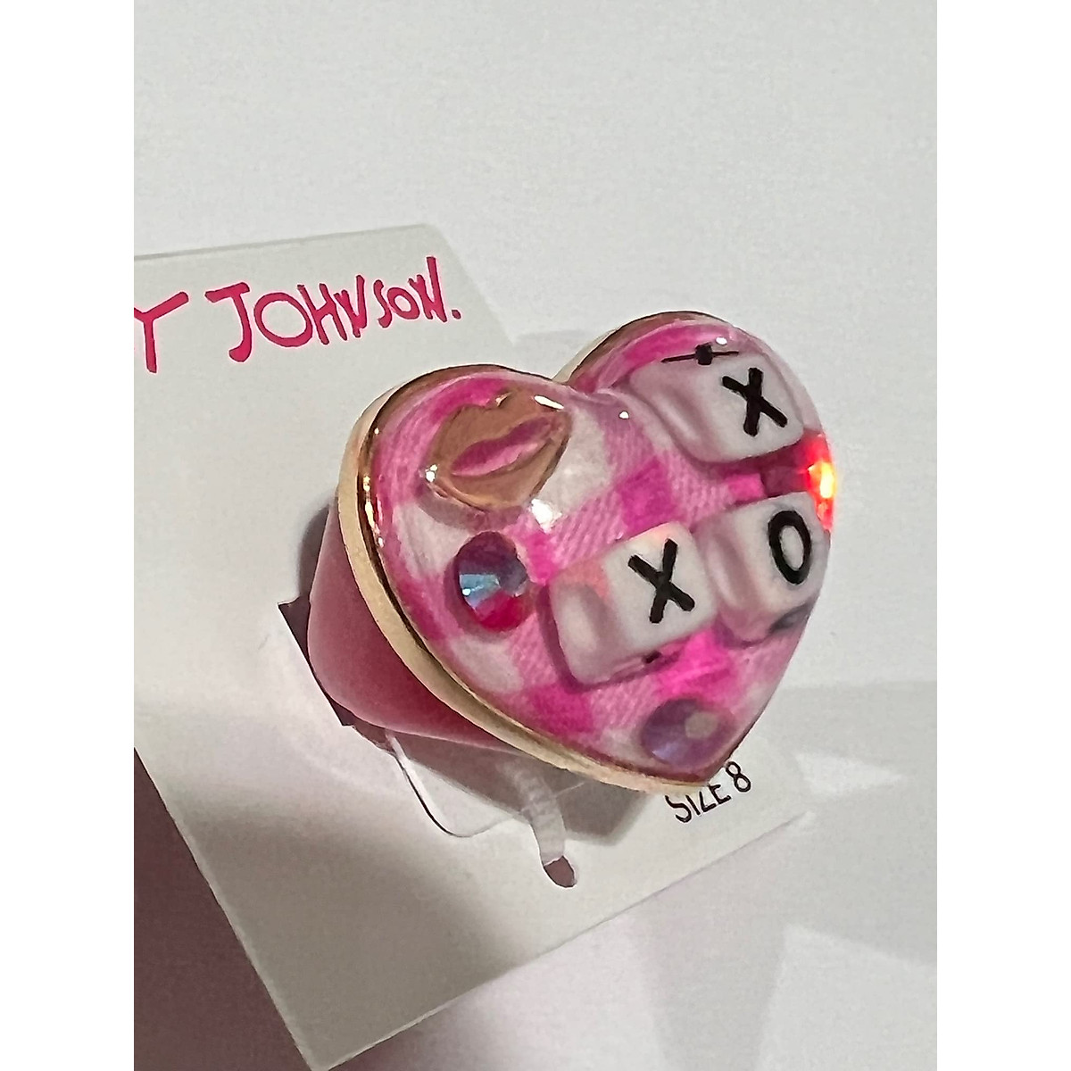 Betsey Johnson Chunky Fuchsia Pink Resin Heart Ring XOX and Gingham Size 8 NWT Valentine's Day Gift Idea Mother's Day XMAS Christmas Present LOVE Heart
