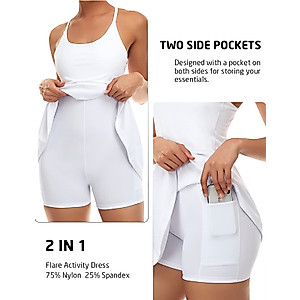 Womens Tennis Dress, Workout Dress with Built-in Bra & Shorts Pockets Exercise Dress for Golf Athletic Dresses for Women White