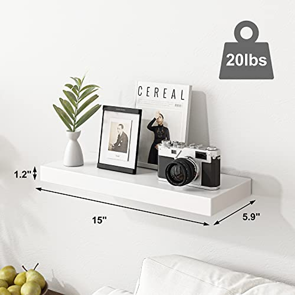 Fixwal Floating Shelf, Set of 4 White Shelves with Invisible Brackets, Decorative Wall Shelves for Bathroom Living Room Bedroom Kitchen Study(15 x5.9 x1.2in)