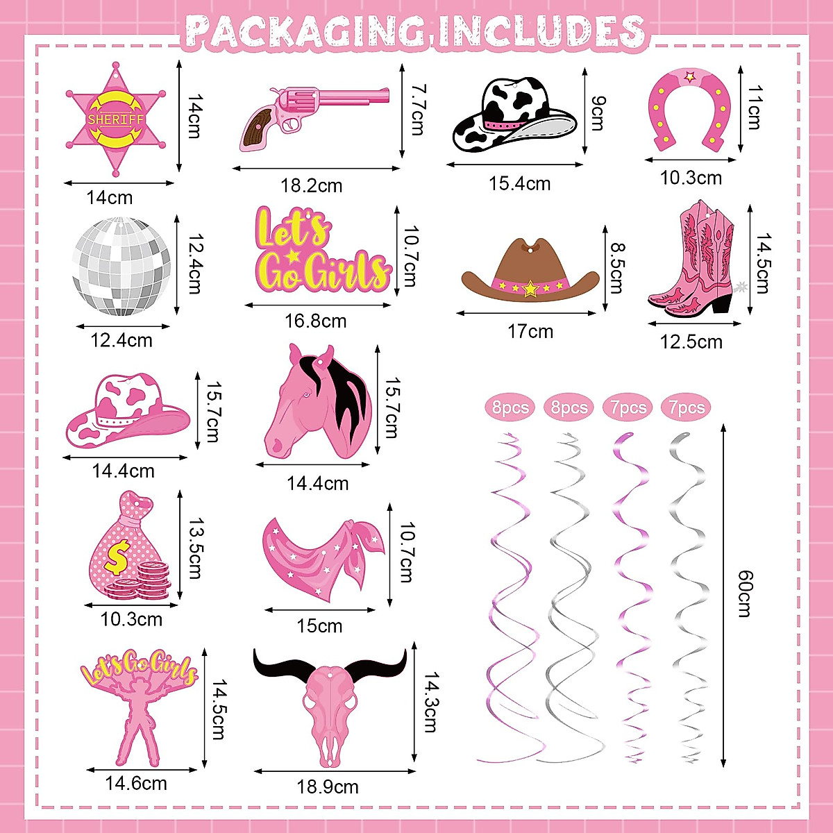 LETRAN 44 Pcs Western Cowgirl Party Decorations Lets Go Girls Hanging Decorations Hot Pink Cowgirl Party Hanging Swirl Supplies for Women Girls Birthday Disco Bachelorette Party Decor