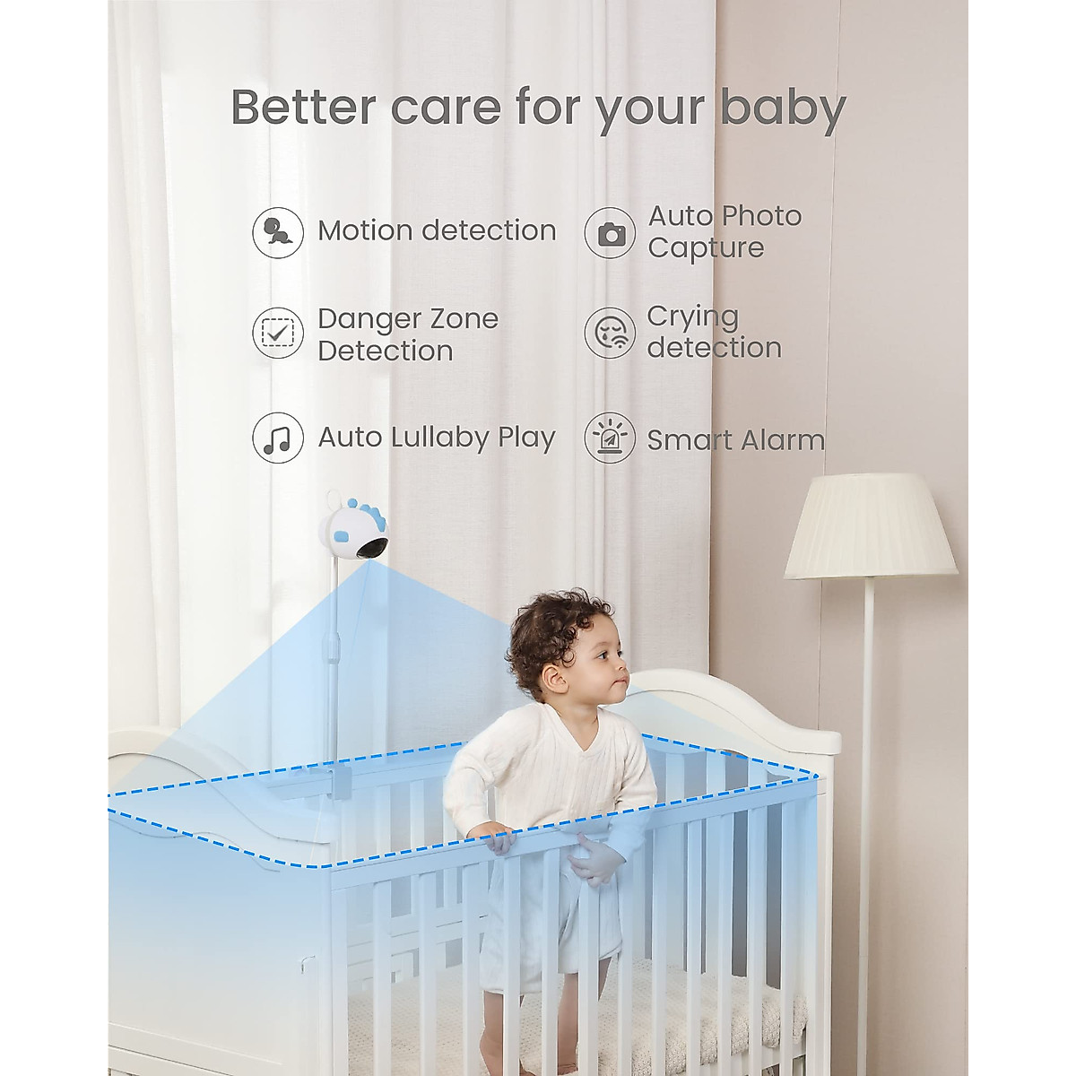 Simshine Smart Baby Monitor WiFi Smartphone AI Cry Soothing Lullaby, Sleep Breathing Analysis, 2K UHD Video Camera, 2-Way Talk, Night Vision, Virtual Fence