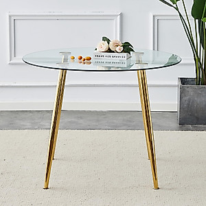 Ginxesh Modern Round Glass Dining Table for 4,40 Inch Small Round Dining Table with Gold Chrome Metal Legs,Circle Dining Table for Kitchen,Apartment(Gold, Table)