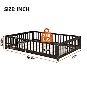 LLS Full Floor Bed for Children, Durable Montessori Floor Bed with Wood Slats, Safety Fence & Small Door, Wood Floor Bed Frame for Girls Boys Children, Espresso(with Bed Slats)
