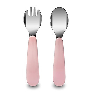Jenbode Baby Fork and Spoon Set with Carry Case Baby Training Utensils Self Feeding Toddler Silverware Silicone and Stainless Steel Kids and Toddler Utensil Set (Pink)