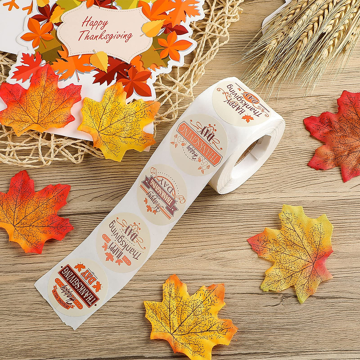 500 Pieces Happy Thanksgiving Day Stickers Fall Stickers 2 x 2 Inch Round Autumn Maple Leaves Thanksgiving Envelope Stickers Packaging Stickers for Thanksgiving Party Favors Greeting Cards Decors