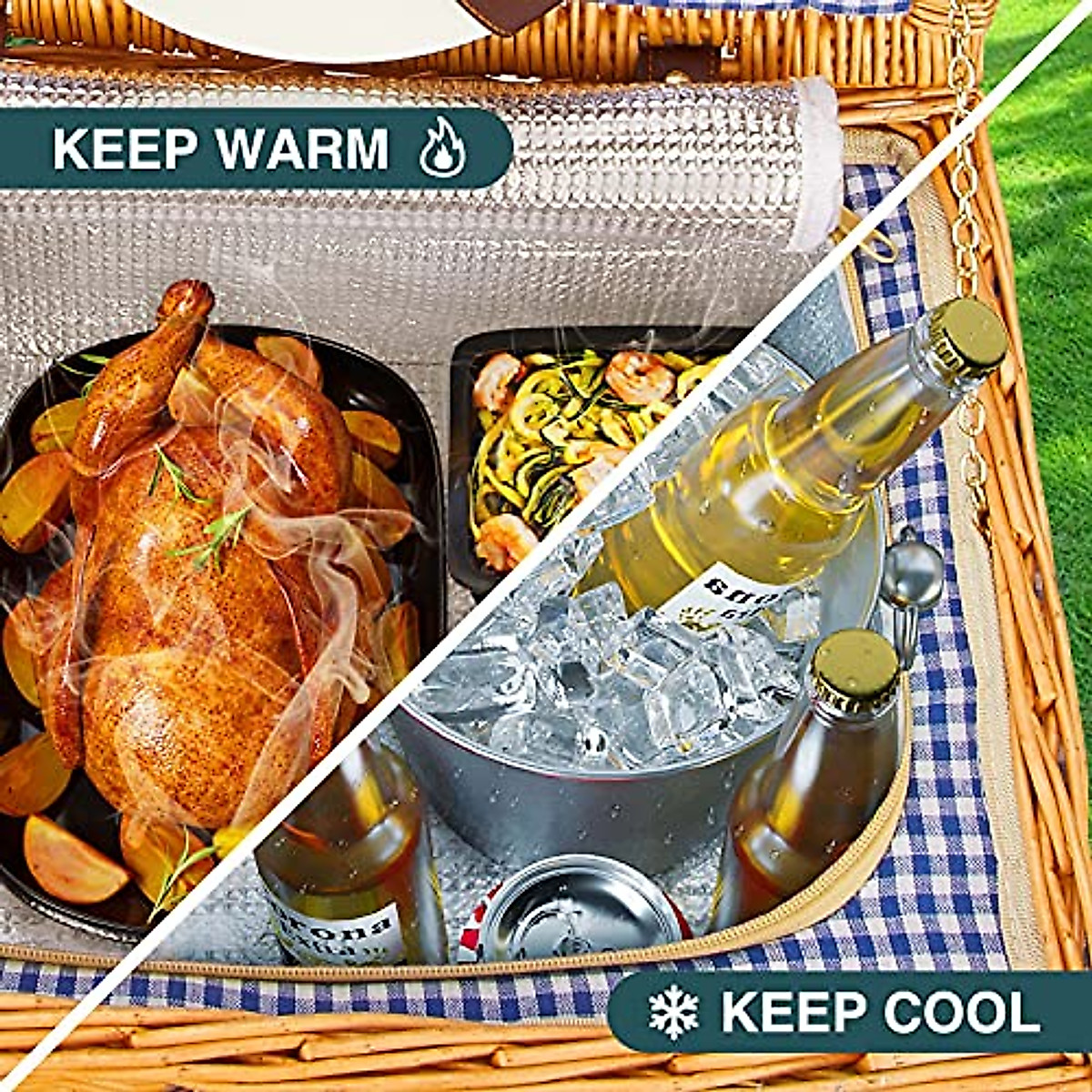 Greenstell Wicker Picnic Basket Sets for 2 Persons with High Sealing Insulation Layer,Waterproof Picnic Mat, Removable Strap and Wine Bag, Tableware, Picnic Basket for Family,Party,Outdoor,Camping