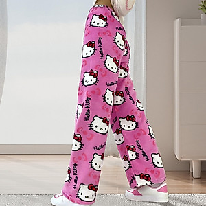 Kawaii Pajamas for Women Girls Cartoon Cat All Over Print Flannel Christmas Halloween Anime Soft Sleep Pajamas Pants,Style-4，L
