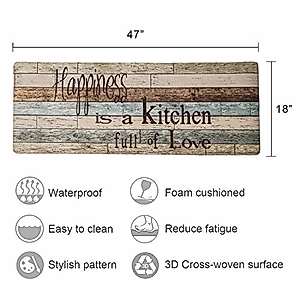 FRESHMINT Farmhouse Kitchen Mats Cushioned Anti-Fatigue Comfort Mat for Home & Office Ergonomically Engineered Memory Foam Kitchen Rug Waterproof Non-Skid, 47" by 17",Happiness