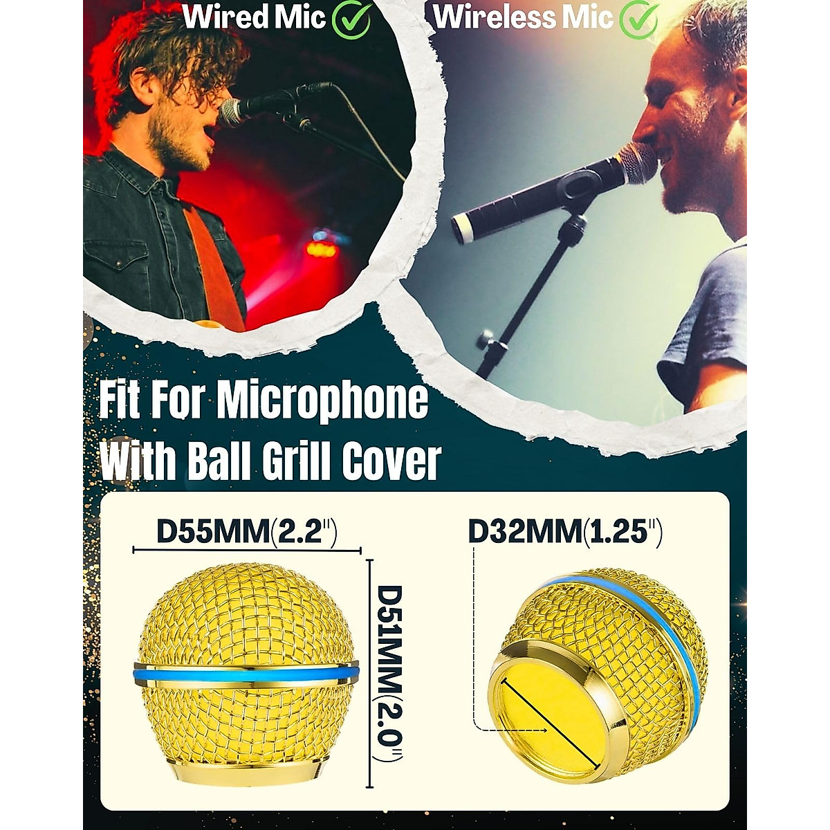 RhymKawa Gold Microphone Cover for Shuer SM58, SM58LC, Beta58, Beta58A, SA-M30, SV100, RK143G Windscreen Replacement, 2 Pack