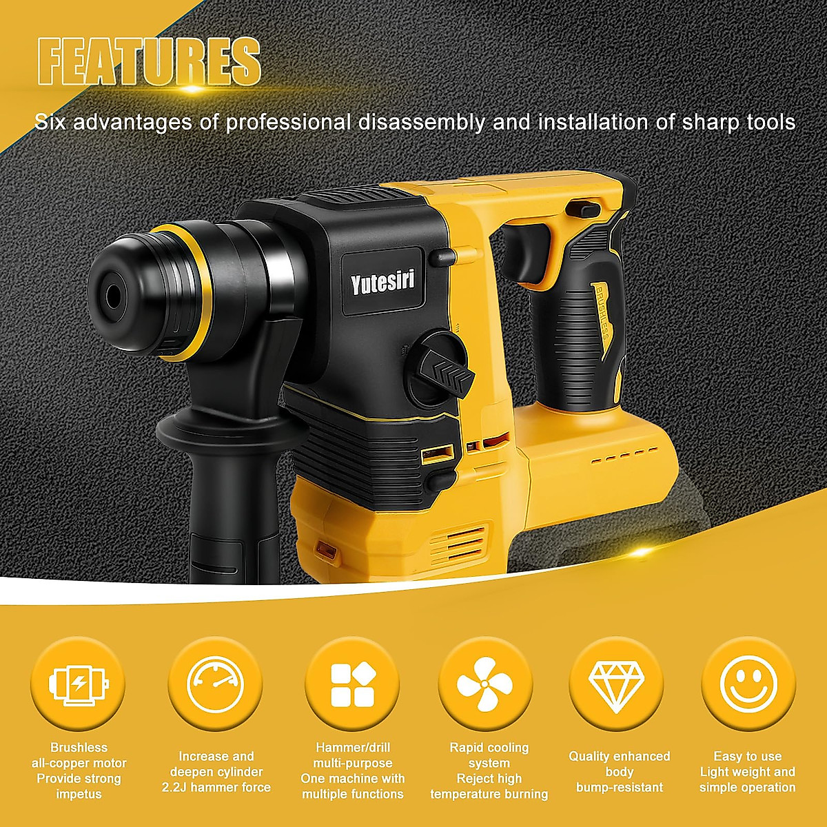 Yutesiri Rotary Hammer Drill for Dewalt 20V MAX Battery, Brushless Cordless with Safety Clutch for Concrete/Masonry,1400 RPM,2 Application Modes with 360°Auxiliary Handle, Including 4 Drill Bits
