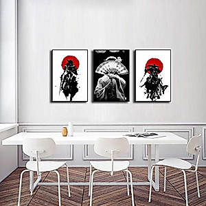 MM Art Black White Japanese Geisha with Folding Fan Painting Canvas Art Ancient Japan Samurai Red Sun Figure Painting Minimalist Nordic Wall Art Picture For Living Room Modern Home Decor (40x60cm 3pcs)