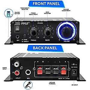 Pyle Home Mini Audio Amplifier - 60W Portable Dual Channel Surround Sound HiFi Stereo Receiver w/ 12V AC Adapter, AUX, MIC IN, Supports Smart Phone, iPhone, iPod, MP3 For 2-8ohm Speakers - Pyle PFA200