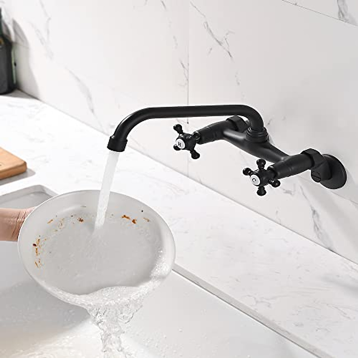 Jshozzy Matte Black Wall Mount Kitchen Sink Faucet Double Handle 3 Inch to 9 Inch Swivel Spout Wall-Mounted Commercial Bar Sink Faucet NSF Lead-Free Hot and Cold Water Mixer Tap Utility Sink Faucet