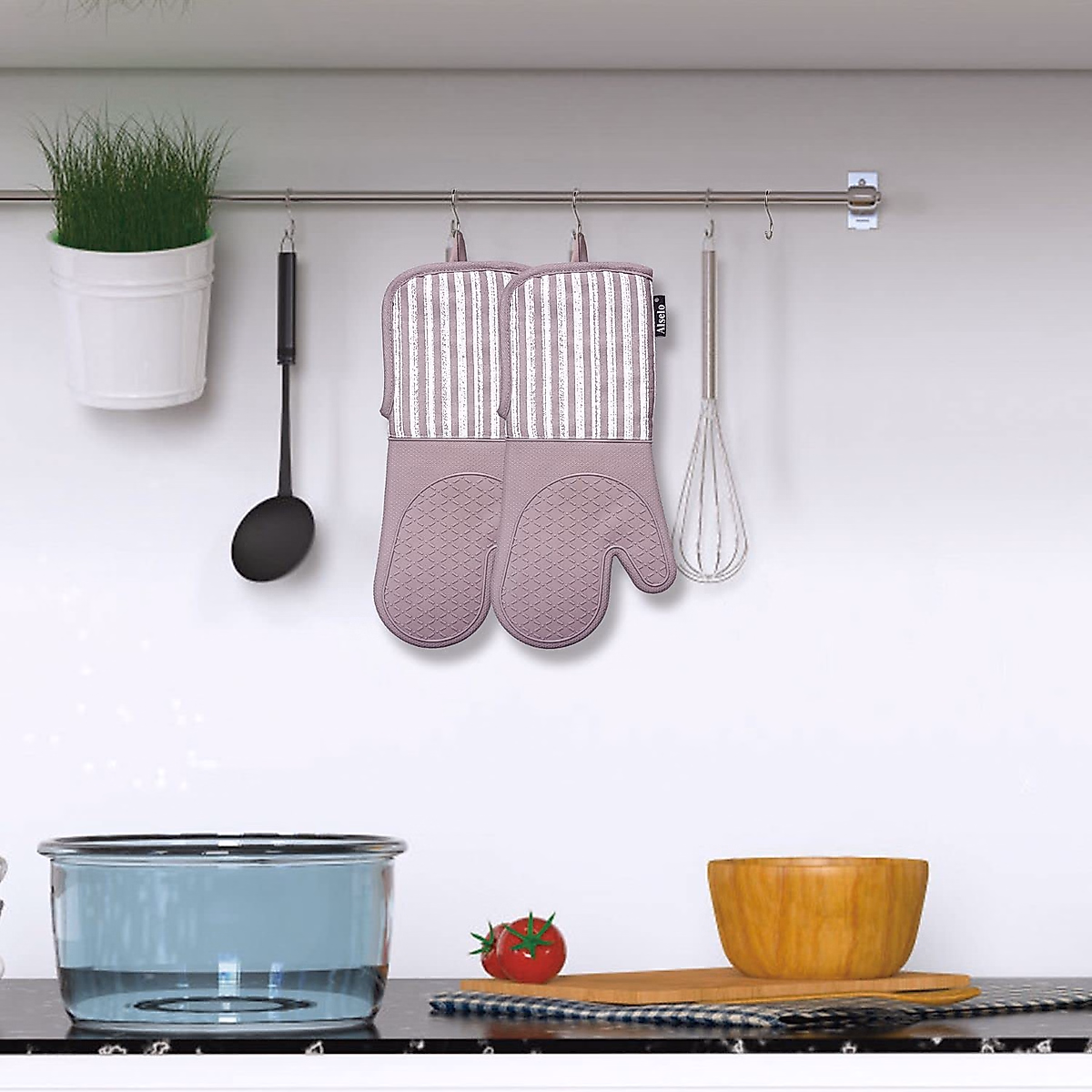 Alselo Silicone Oven Mitts Heat Resistant 932℉ with Waterproof & Non-Slip Kitchen Mittens, Set of 2 Extra Long Oven Gloves with Soft Cotton Terry Lining for Baking Cooking Barbecue(2, Purple Mitts)