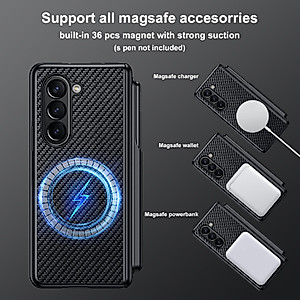 Libeagle Compatible with Samsung Galaxy Z Fold 5 Case, Support All Magsafe Accessories, Leather Back, Include Both Removable Old & New Slim S Pen Holder (2023) on Hinge,Cover 5G-Carbon Fiber