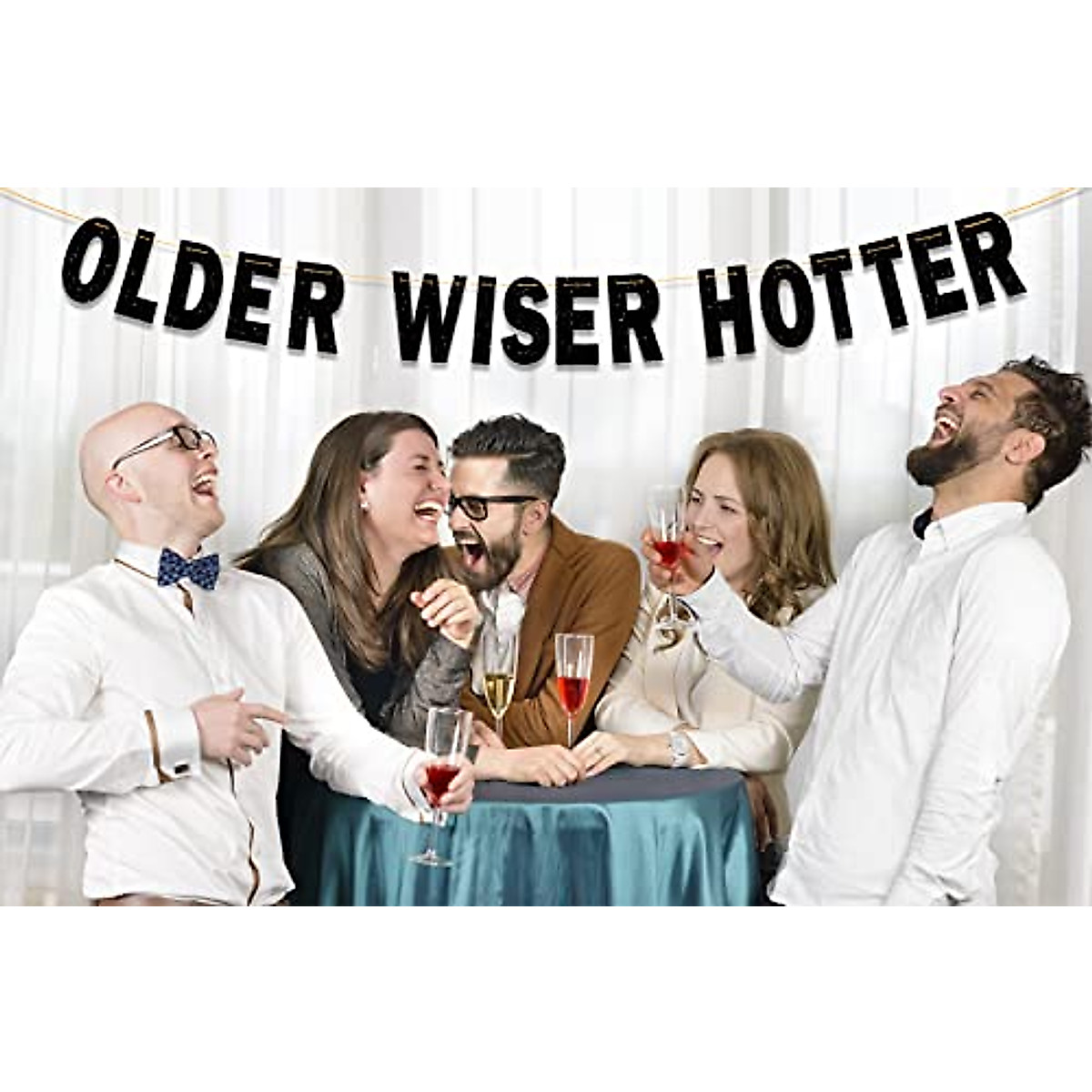 Ushinemi Black Older Wiser Hotter, Funny Birthday Banner for Men Women, Glitter Birthday Party Decorations