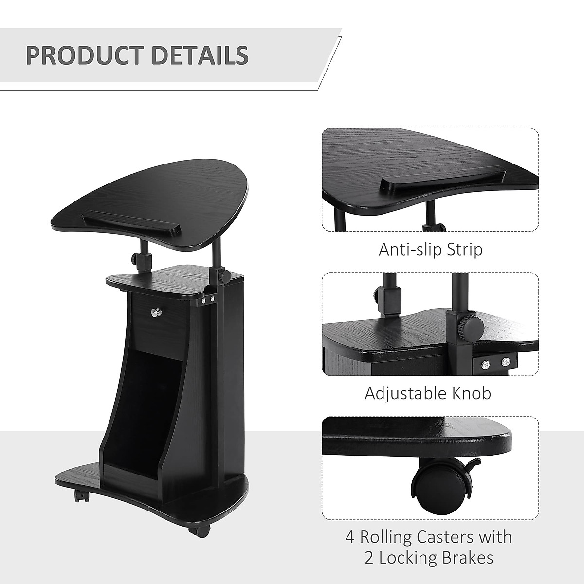 HOMCOM Adjustable Height Laptop Cart with Storage - Black