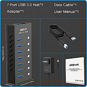 SGEYR Powered USB Hub, Aluminum USB 3.0 Data Hub Splitter 7 Ports with USB Charging Ports and Individual On/Off Switches with 12/2A(24W) Power Adapter for Laptop,HD Webcam,Printer (Light Black)