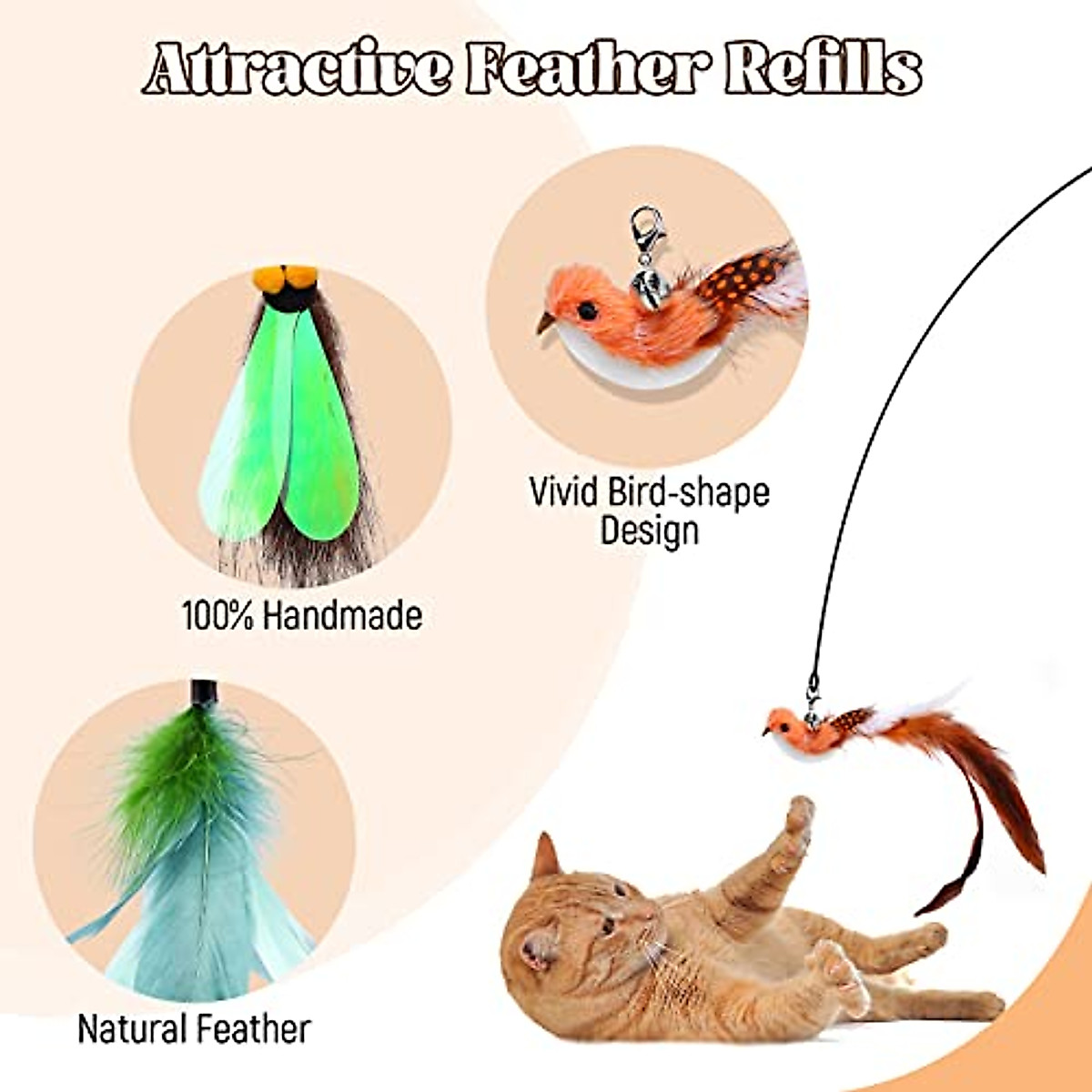 Cat Feather Toys, Interactive Cat Wand Toys with Super Suction Cup, Detachable 6 PCS Feather Refills Tail Bird Feathers with Bell, Cat Teaser Wand for Indoor Cats Kitten Play Chase Exercise (Set 1)