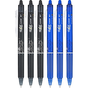 Pilot FriXion Clicker 0.7mm, Erasable Gel Pens, Fine Point (6-Pack, Black/Blue)