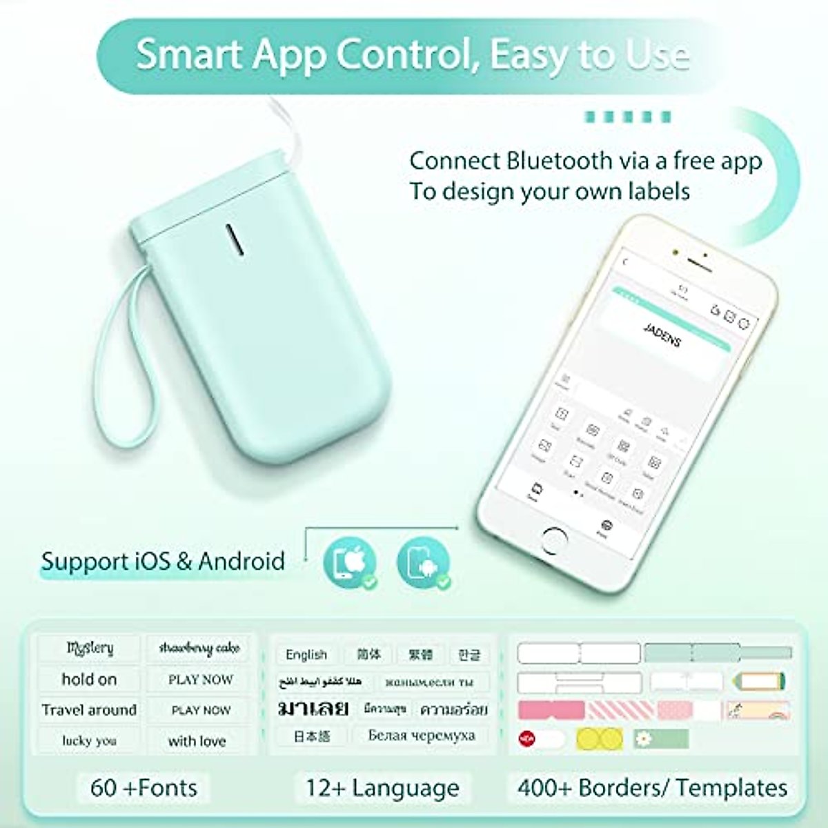 Label Maker Machine, D11 Portable Bluetooth Printer for Labeling, Home, Office, Organization, Mini Label Maker Machine with Tape, Multiple Templates Available for Phone, Handheld Labeler, Green