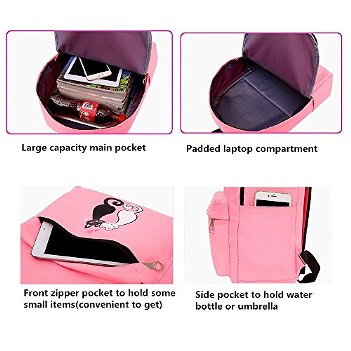 4Pcs Cute Cat Prints Canvas Primary School Bag Rucksack Backpack Set for Girls Elementary Bookbag