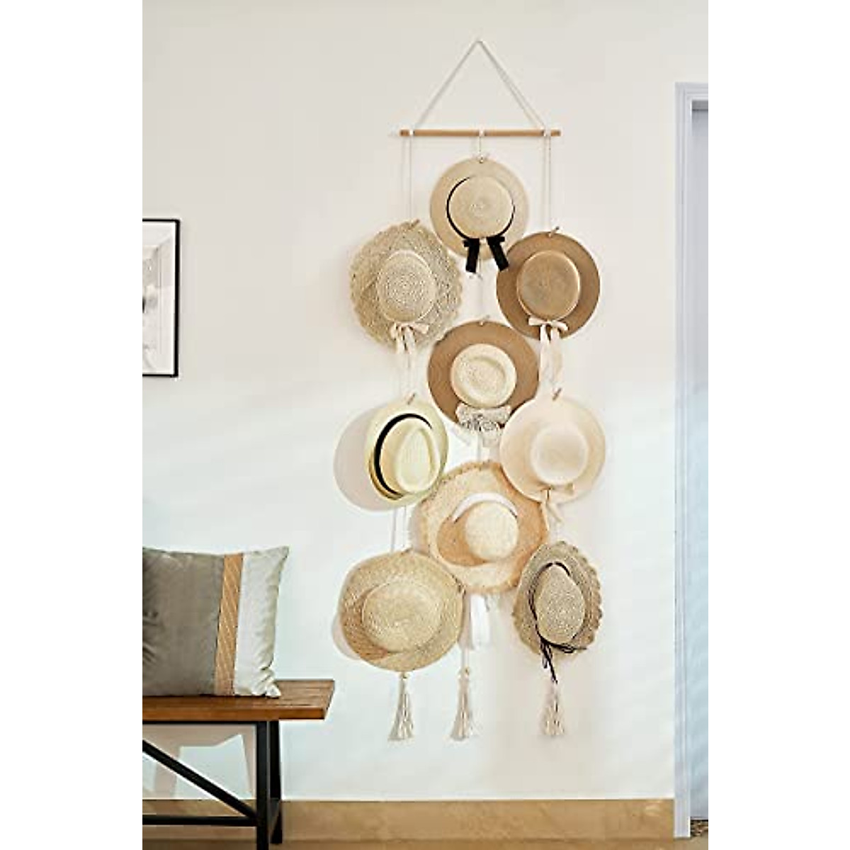Mkono Hat Rack for Wall Baseball Cap Organizer and Hat Hangers for Wall Boho Caps Display Organizer with Tassels