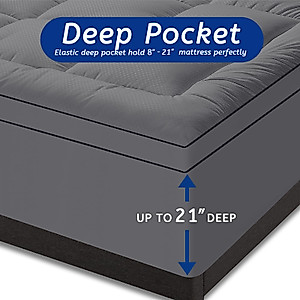 Queen Size Mattress Topper for Back Pain, Cooling Extra Thick Mattress Pad Cover with 8-21 inch Deep Pocket, Plush Pillow Top Mattress Topper Overfilled with Down Alternative, Queen Size, Dark Grey