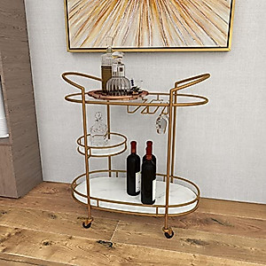 Deco 79 Metal Rolling 1 Glass and 2 Marble Shelves Bar Cart with Lockable Wheels and Mirrored Top, 31" x 16" x 33", Gold