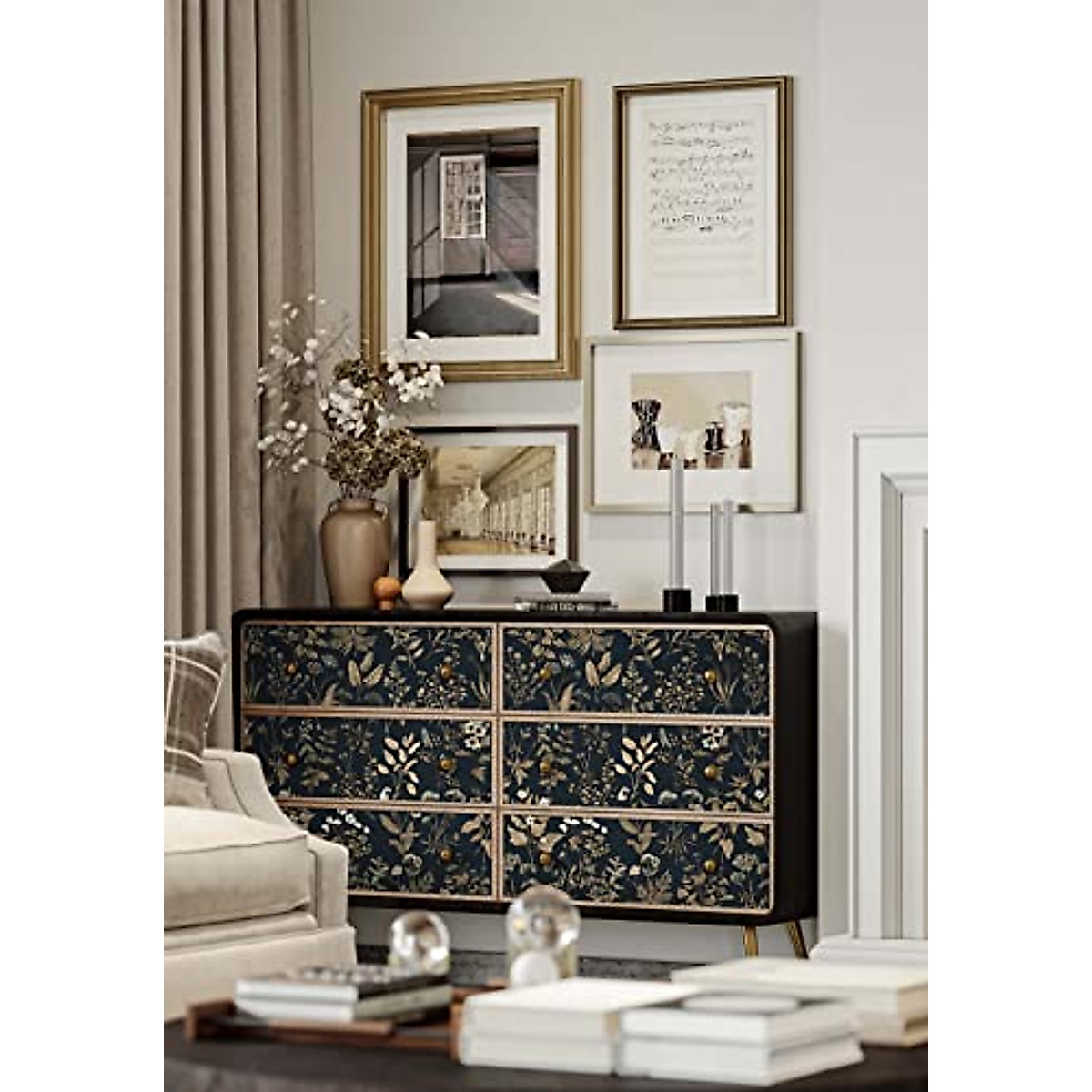 Dimoon 78.7"x16.1" Delicate Floral Peel and Stick Wallpaper Black Golden Thicken Waterproof Leaf Vintage Flower Contact Paper Self Adhesive Wallpaper Removable Wall Paper Shelf Liner Decal Vinyl Roll