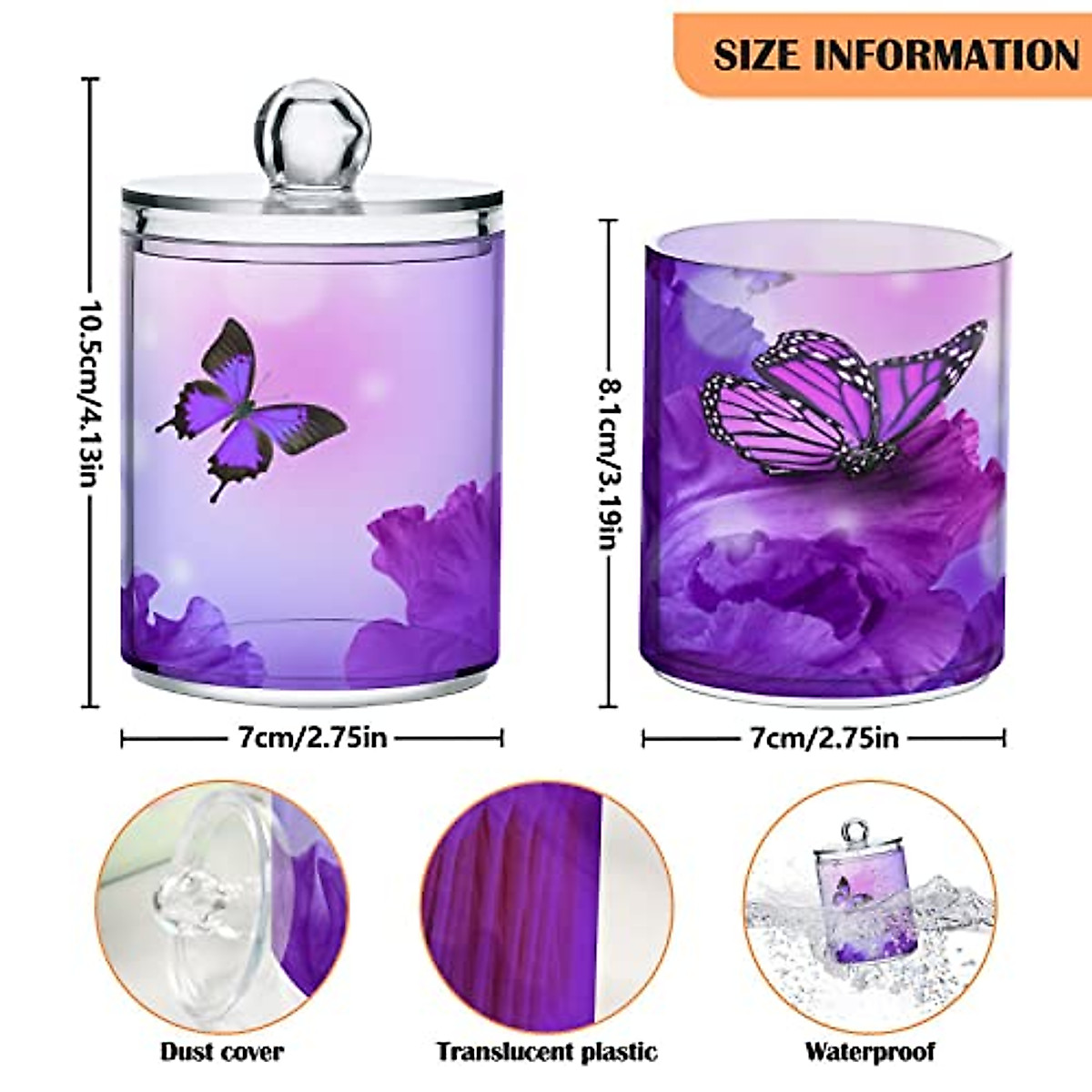 JUMBEAR 2 Pack Purple Butterfly Qtip Holder Dispenser with Lid, 14 oz Clear Plastic Apothecary Jar Set for Bathroom Vanity Organizers Storage Containers