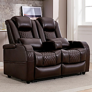 Attliahome 57" RV Loveseat Recliner, Double Recliner Furniture with 3 Arms and 2 Pillows, Wall Hugger Recliners & 135° Reclining Theater Seating (Brown PU Leather RV Couch)