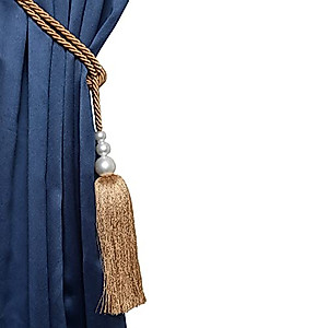 MALOINTEX 2 Pack Curtain Hand-Woven Tiebacks Pearl Holdbacks Home Decorative Tassels - Gold