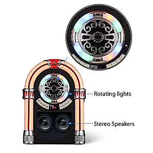 UEME Retro Tabletop Jukebox with Bluetooth, FM Radio, AUX-in Port and Color Changing LED Lights