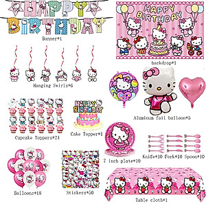 147Pcs Cartoon Cat Theme Party Supplies For Girls,Birthday Party Decorations,Includes banners, spirals, backdrops, tablecloths, plates, knives, forks and spoons, stickers, foil balloons, cake toppers