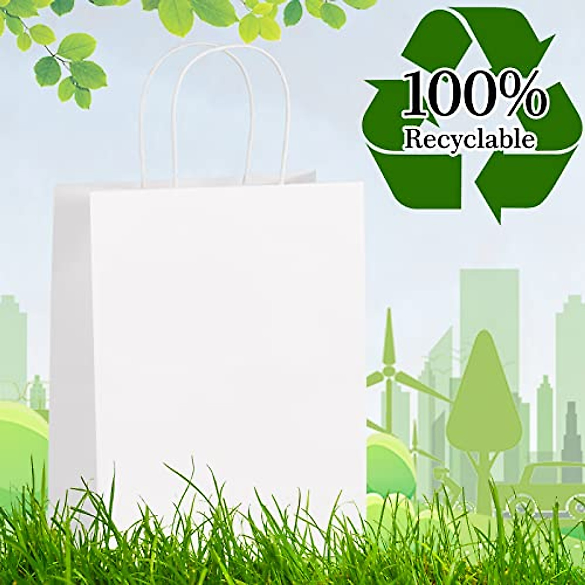 Eupako Paper Bags 8x4.25x10.5 100 PCS White Paper Gift Bags with Handles Bulk, Kraft Shopping Bags, Party Favor Bags, Merchandise Bags