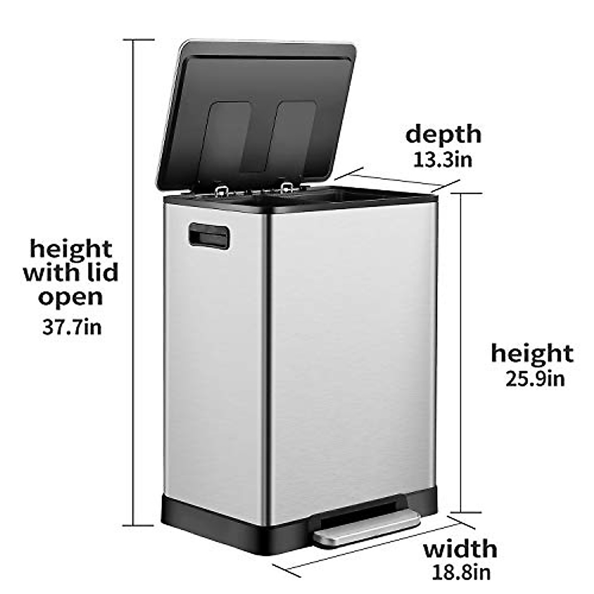 ToiletTree Products Stainless Steel Step Trash Can - 16 Gallon Garbage Bin with Soft Close Lid - Dual Compartment Waste Can with 30 Liters Capacity in Each - Recycling Bin