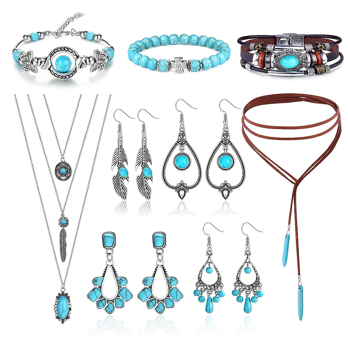 Subiceto Western Jewelry for Women Bohemian Turquoise Boho Turquoise Pendant Long Choker Vintage Turquoise Dangle Earrings Turquoise Faux Leather Layered Bracelets Western Jewelry Set