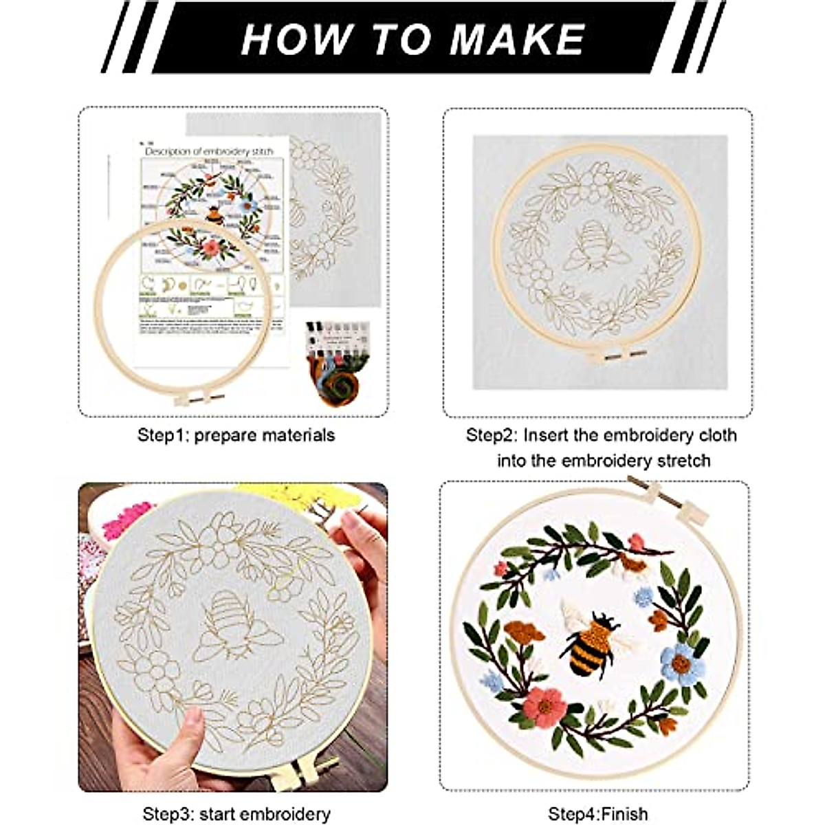 Lukinbox Embroidery Starter Kit for Beginners, 3 Sets Cross Stitch Kits for Adults, Include Embroidery Clothes with Cute Bees and Flowers Patterns, 1 Embroidery Hoop, Threads, Needles and Instruction