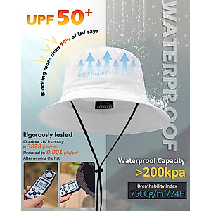 Waterproof Bucket Hat for Women Men Rain Hat UPF 50+ Wide Brim Boonie Sun Hat Foldable Summer Floppy Beach Fishing Safari Hat White