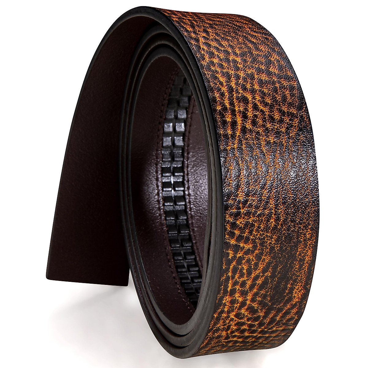 Barry.Wang Mens Designer Belt Orange Genuine Leather Ratchet Strap Adjustable Without Buckle 1 3/8” 35mm,Trim to Fit