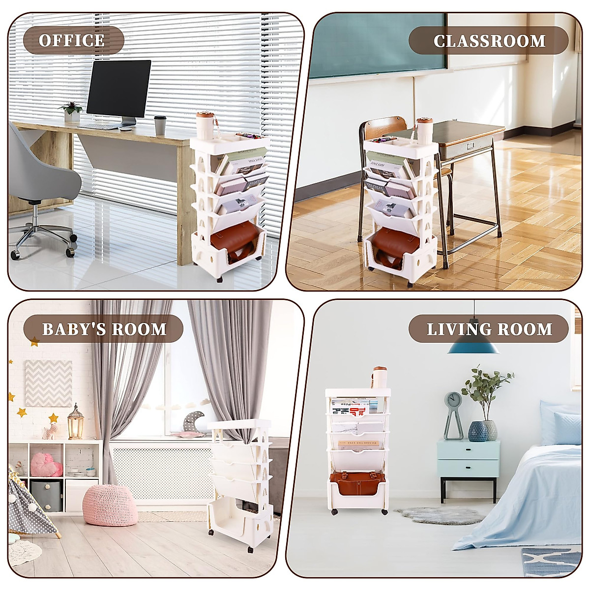 5 Tier Book Rack Storage Bookshelf, Removable Movable Unique Bookcase, Mobile Bookshelf with Wheels Utility Organizer Bookshelves for Kids Children Students Study in Bedroom Living Room School (White)